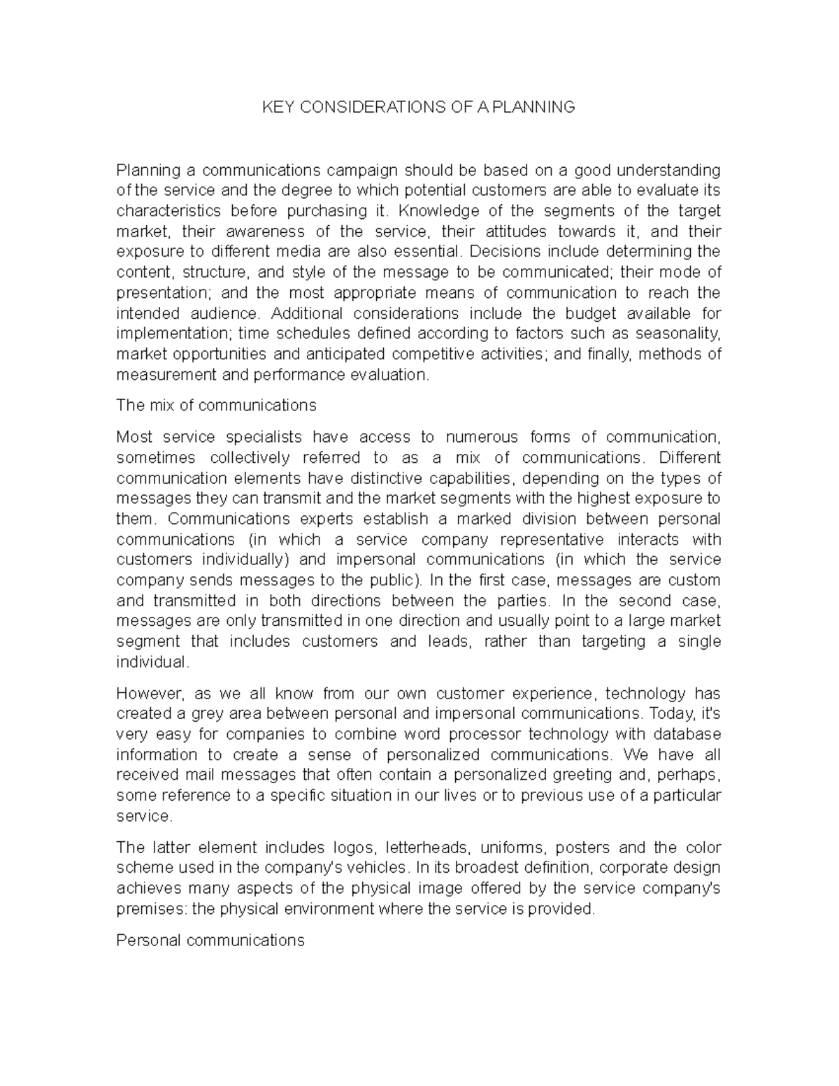 KEY CONSIDERATIONS OF A PLANNING - KEY CONSIDERATIONS OF A PLANNING ...