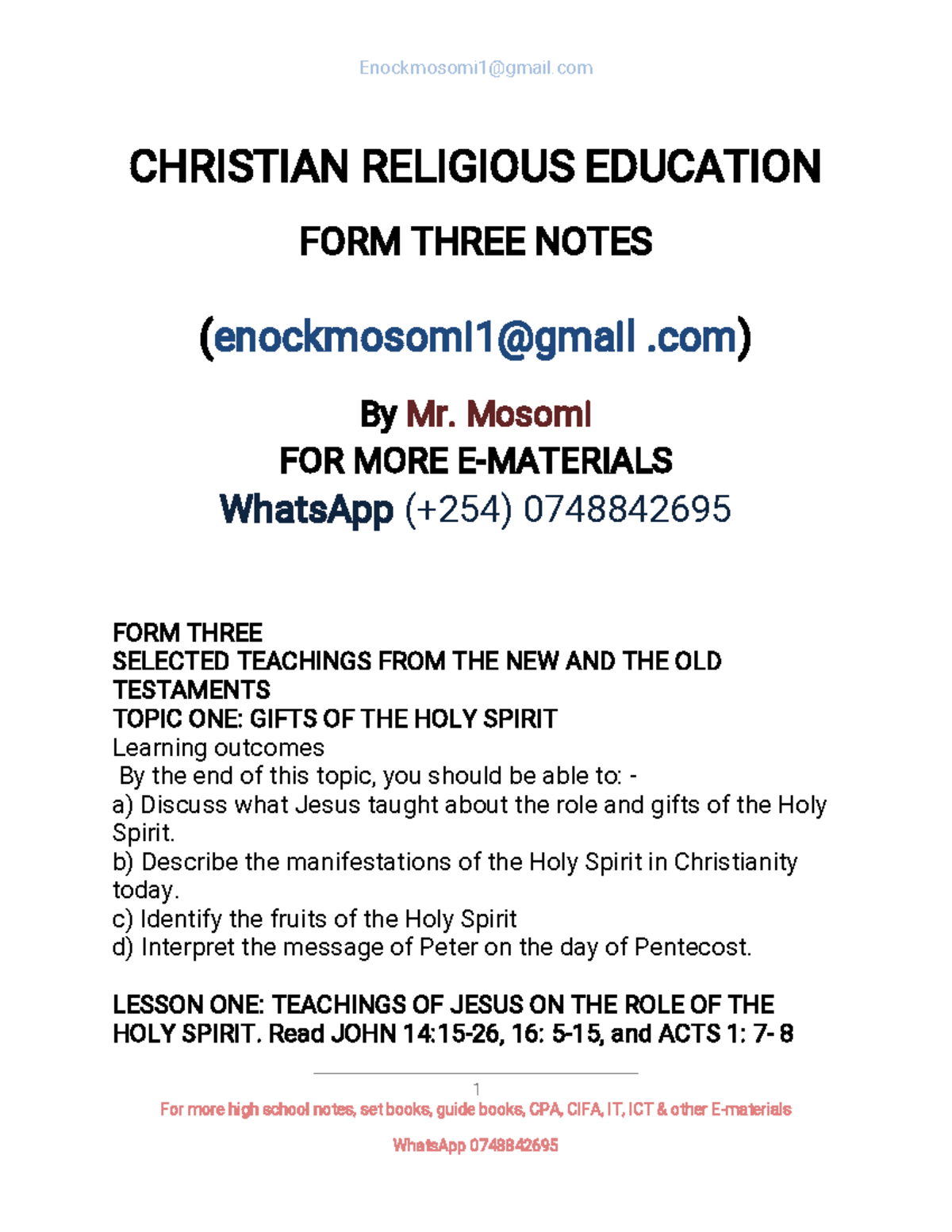 FORM Three CRE Notes - martha - 1 For more high school notes, set books ...