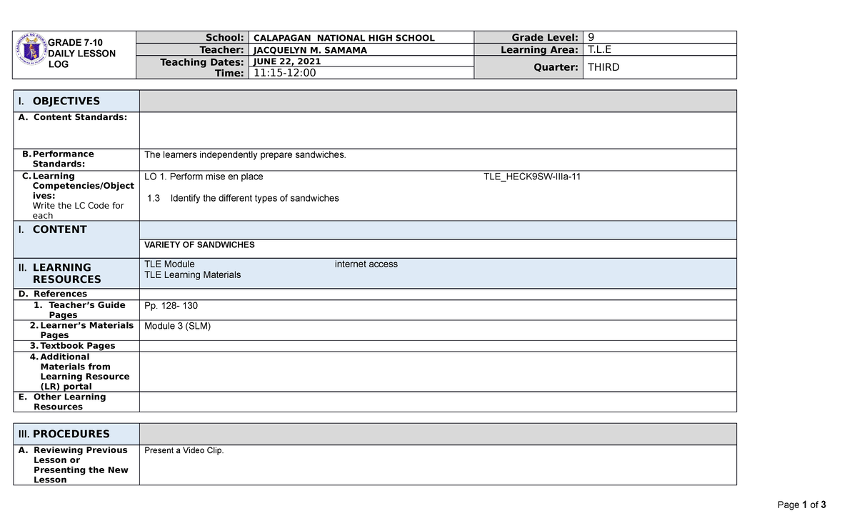 COT TLE 9-3RD - daily lesson plan - GRADE 7- DAILY LESSON LOG School ...