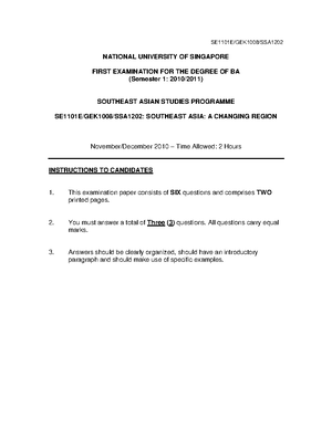 Exam 2019, answers - SE1101E Intro to South East Asia Examples: Content ...