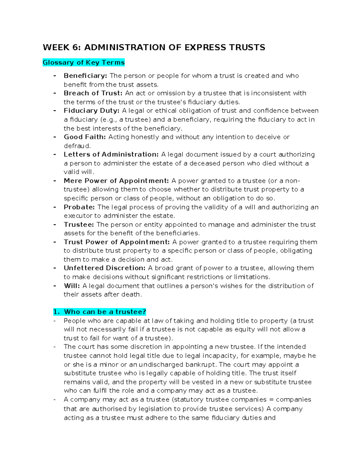 Equity Weeks 6-12 Notes - WEEK 6: ADMINISTRATION OF EXPRESS TRUSTS ...