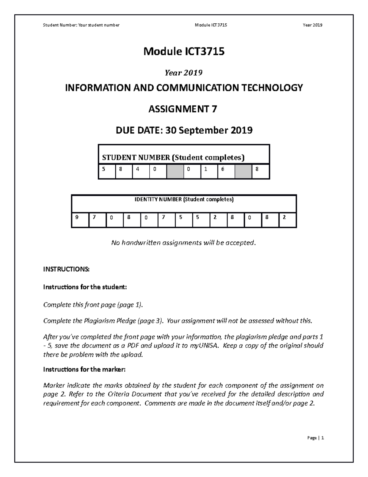 Assignment 7 template copy - Module ICT Year 2019 INFORMATION AND ...