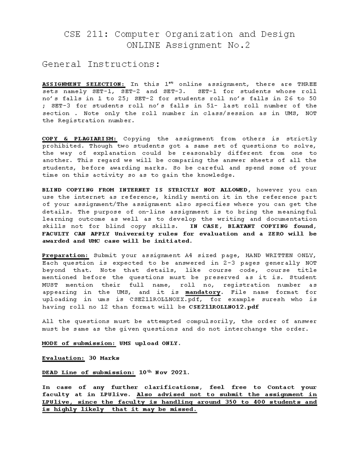 Assignment 2 CSE211 all questions - Computer Organisation and Design - LPU - Studocu