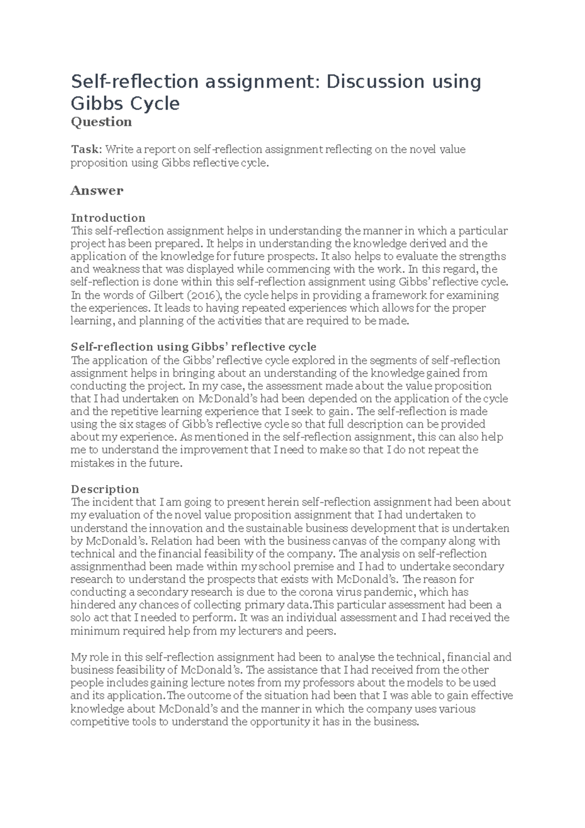 Seminar Week 4 Self-reflection assignment Discussion using Gibbs Cycle ...