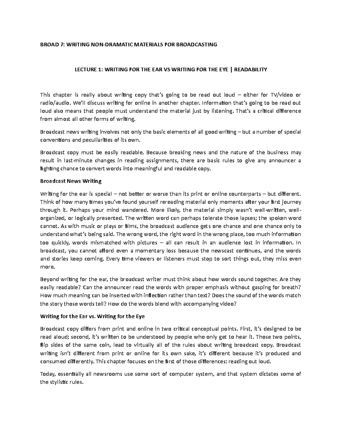 Broad 7 Lecture 1 -3 Summary of Lecture - BROAD 7: WRITING NON-DRAMATIC ...