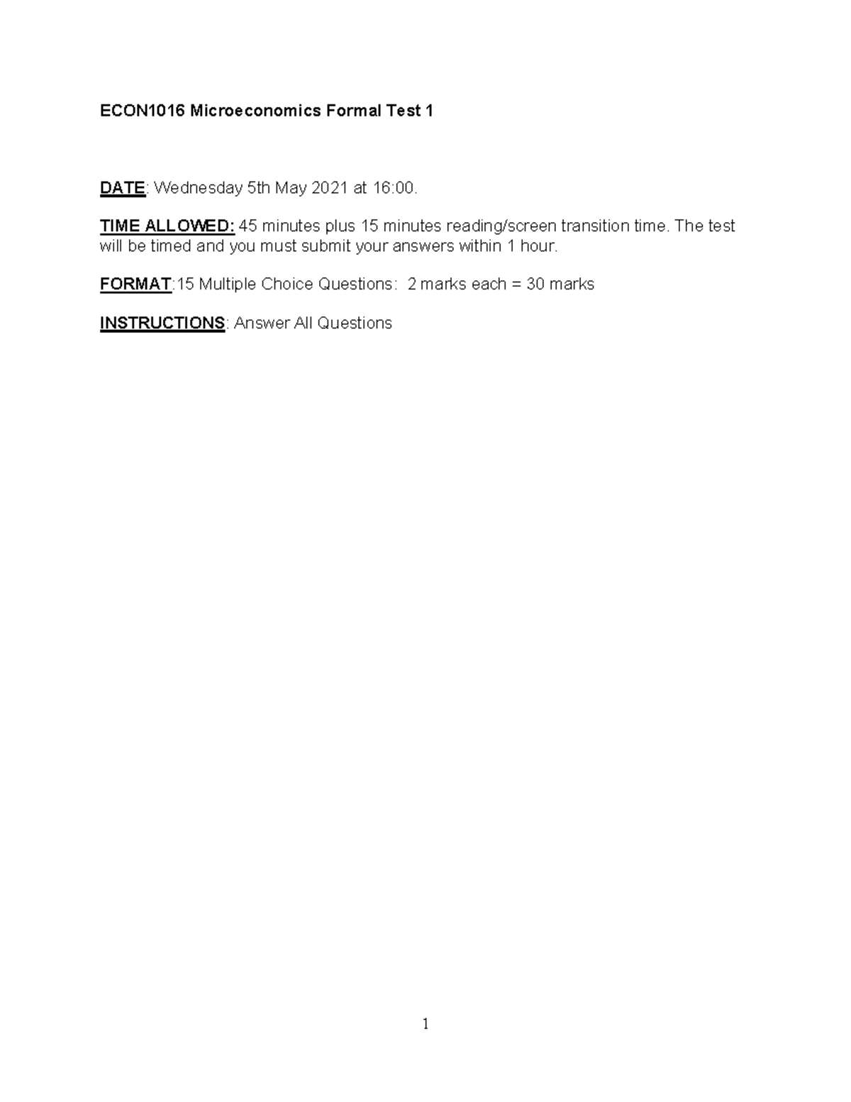 ECON1016 Formal Test 1 2021 Written - ECON1016 Microeconomics Formal ...