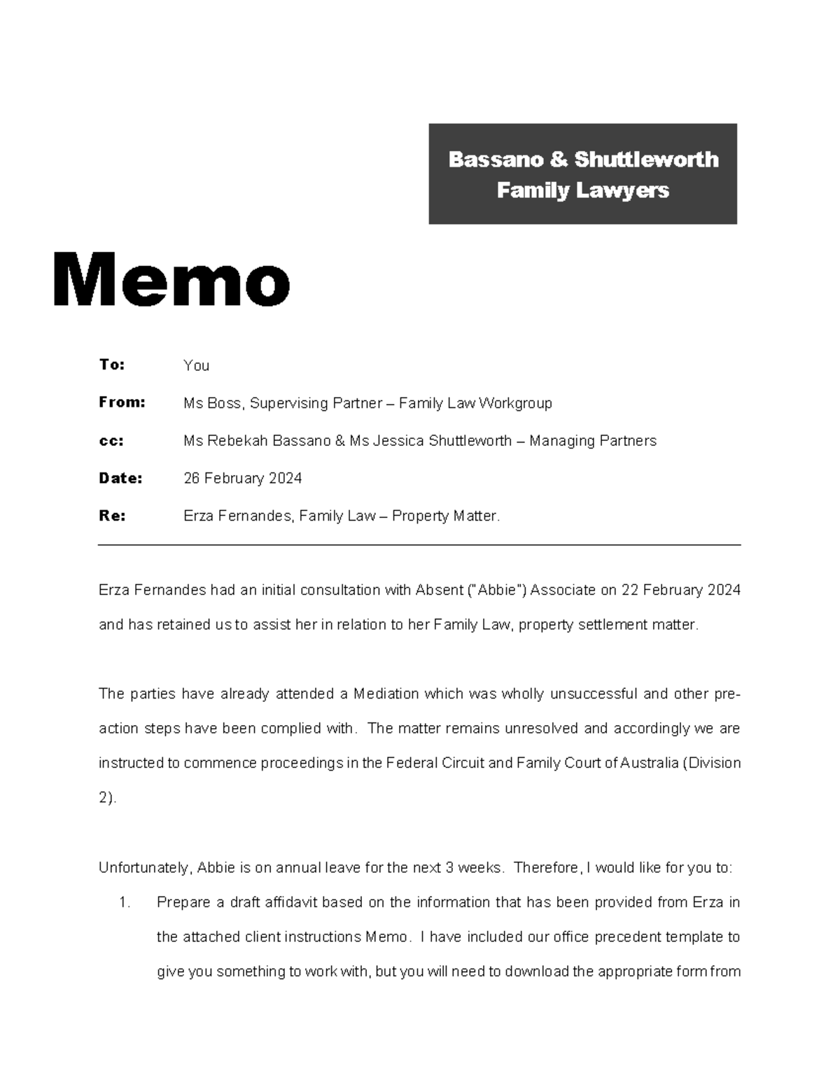Memo from Ms Boss dated 26 February 2024 - Bassano & Shuttleworth ...