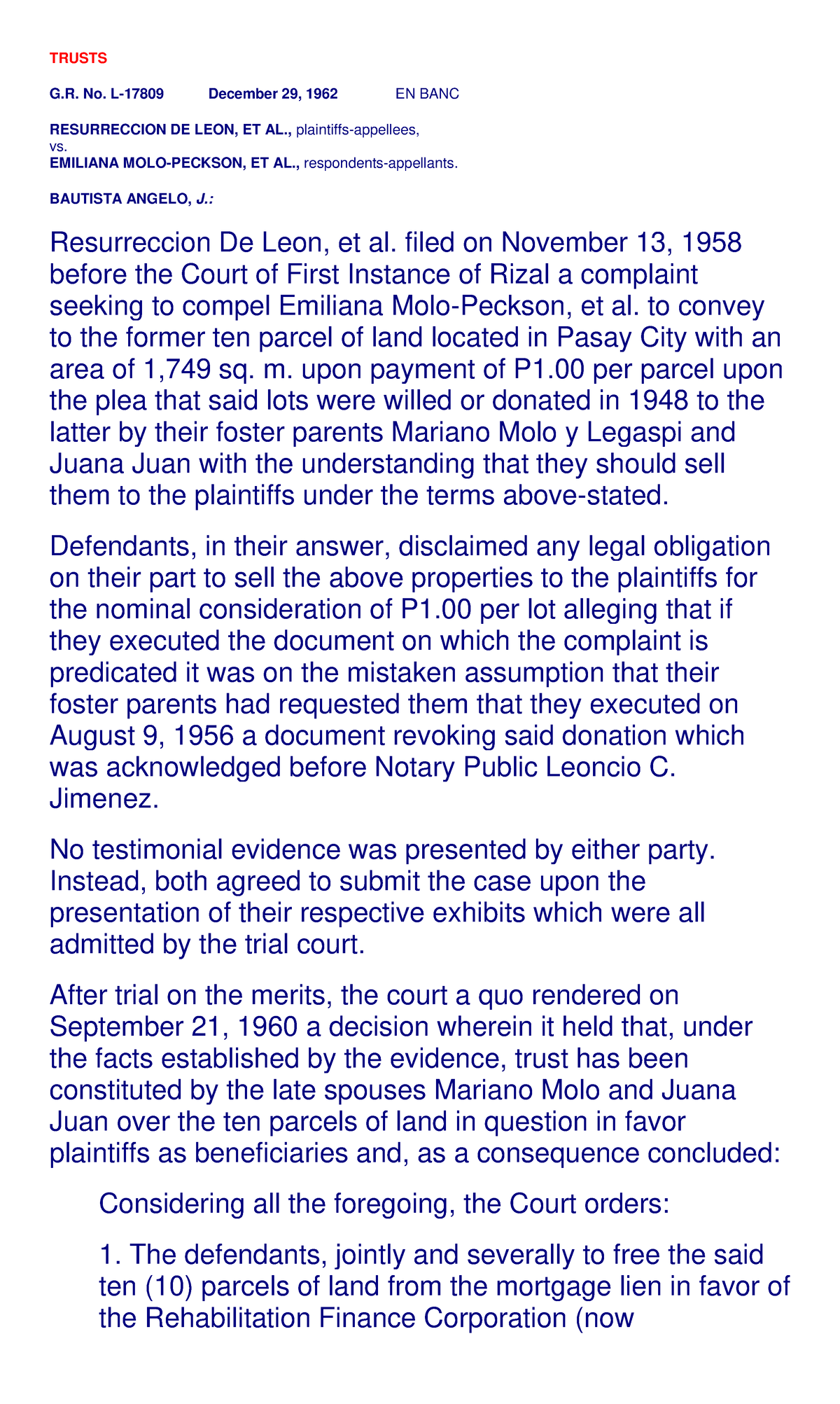B. De Leon vs. Molo-Peckson (Trusts) - TRUSTS G. No. L-17809 December ...
