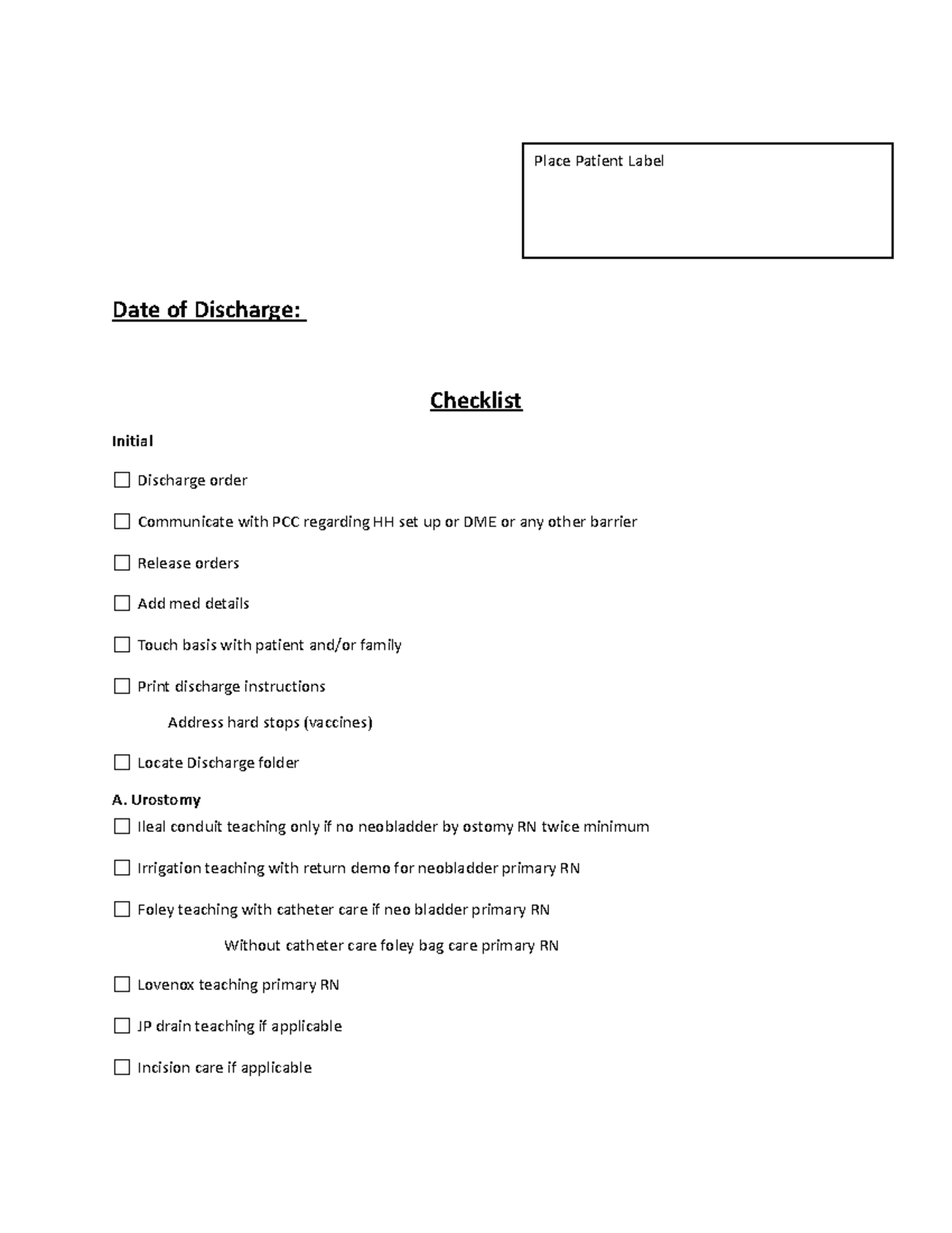 3N Checklist Discharge - Date of Discharge: Checklist Initial Discharge ...