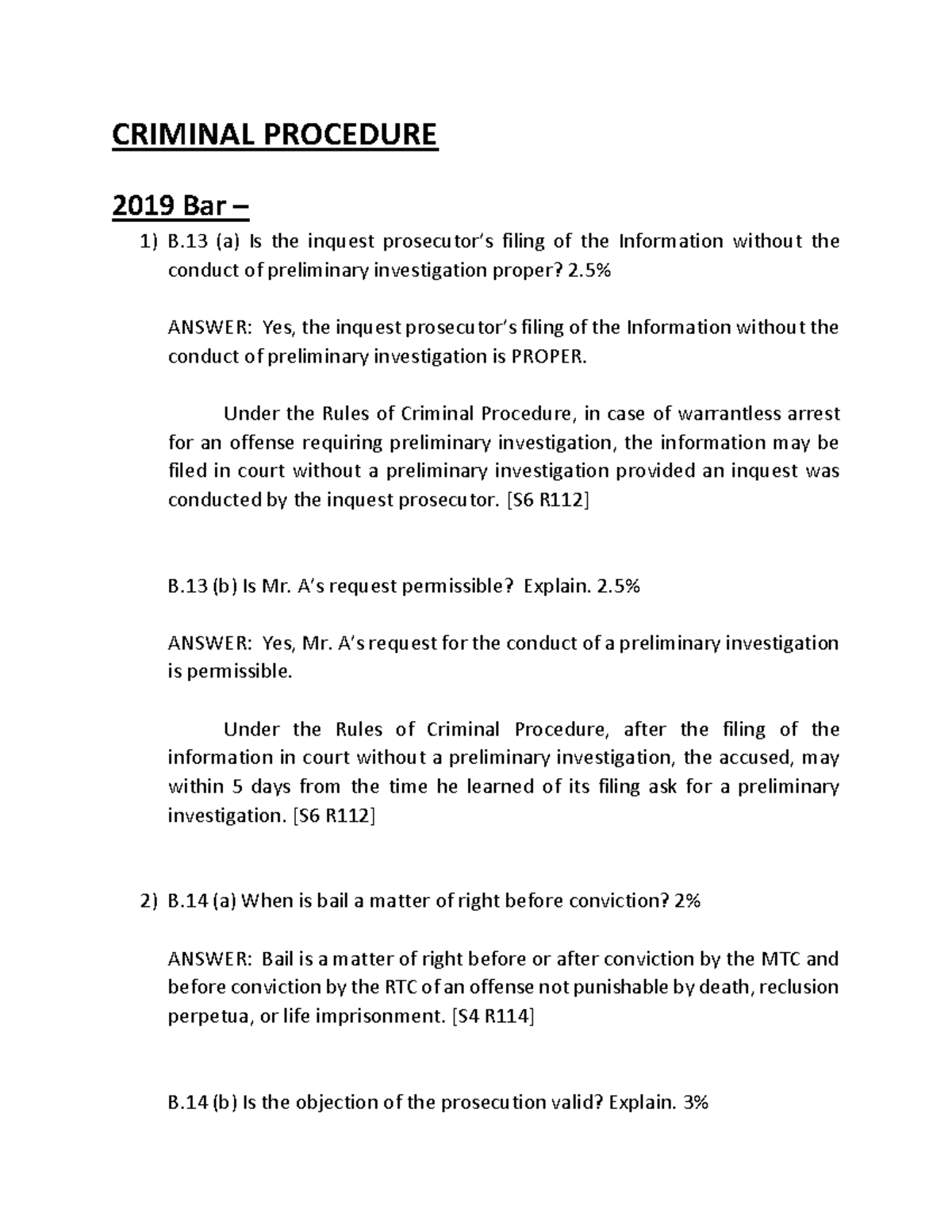 Answers Riguera-2019-Bar - CRIMINAL PROCEDURE 2019 Bar – B (a) Is the ...