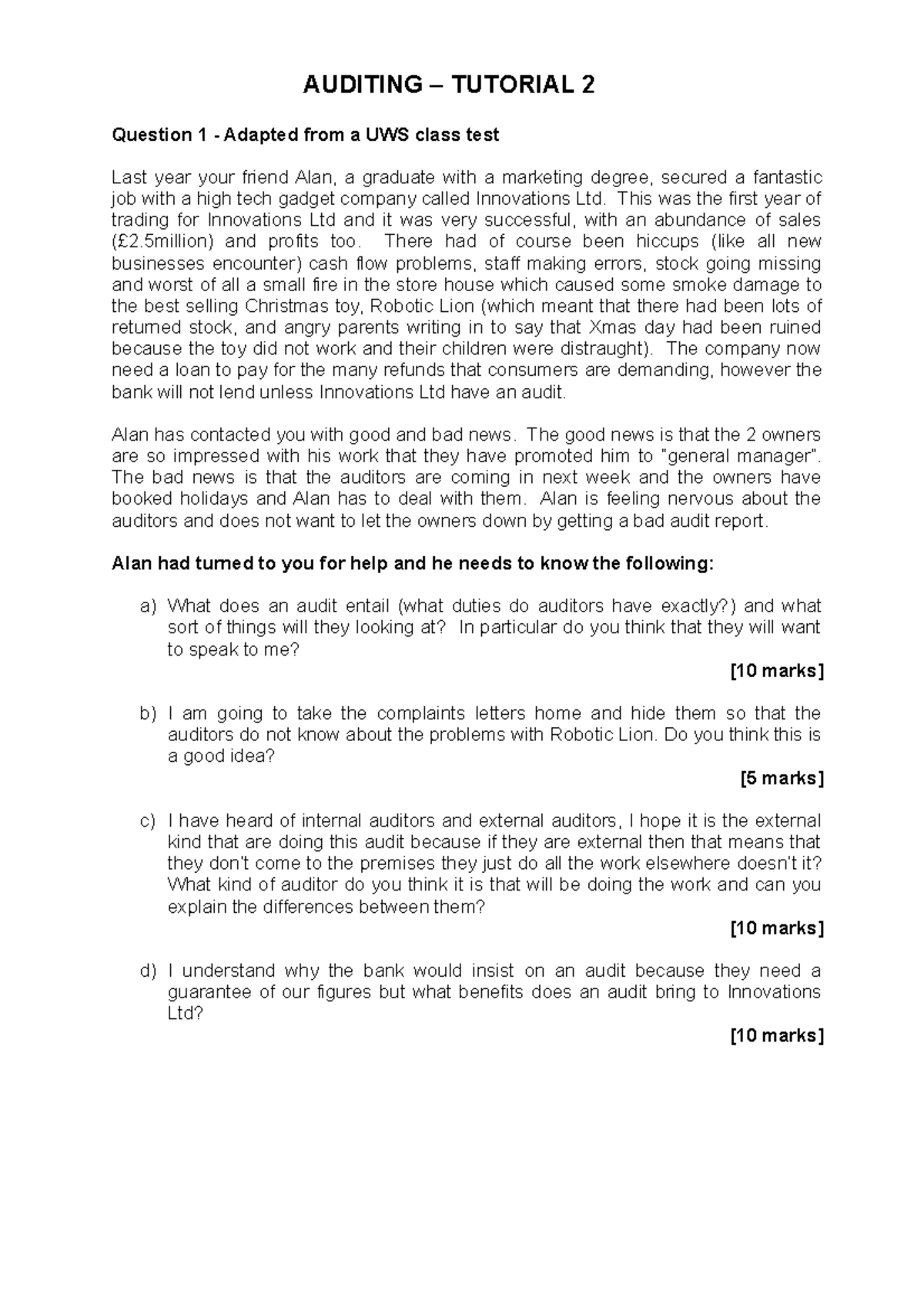 02 Tutorial 2 2022 2023 - AUDITING – TUTORIAL 2 Question 1 - Adapted ...