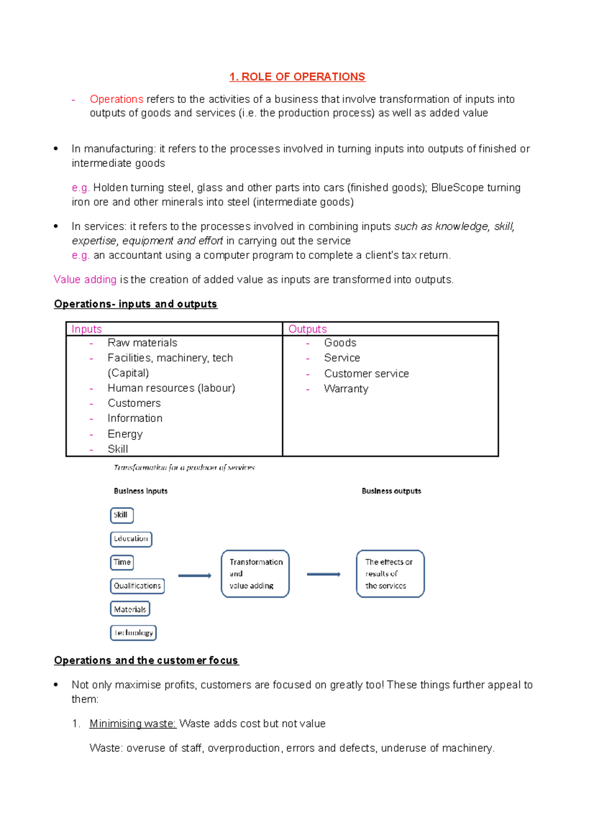 Biz operations notes - 1. ROLE OF OPERATIONS - Operations refers to the ...