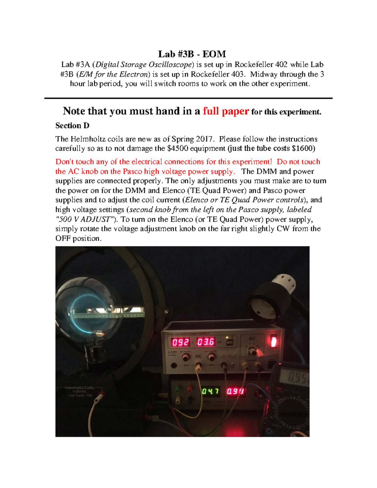 Special tips - Charge to Mass ratio of an electron - Lab #3B - EOM Lab #3A (Digital Storage ...