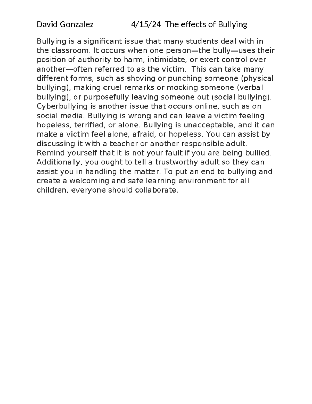 Bulling 90 - it is a bullying notes - David Gonzalez 4/15/24 The ...