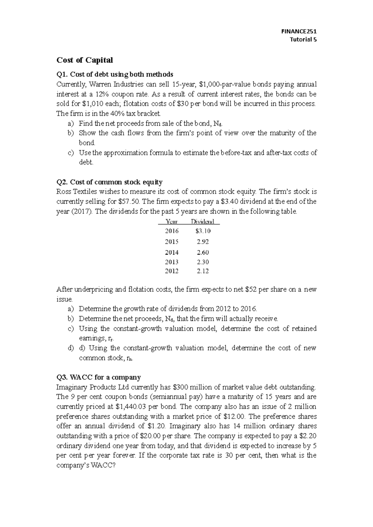 Tutorial 5 (Topic 5a Capital Budgeting Decisions - Cost of Capital ...