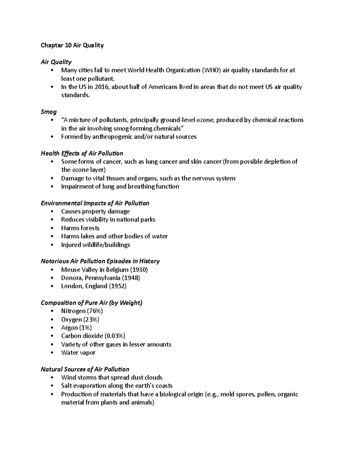 Chapter 10 Notes - Chapter 10 Air Quality Air Quality Many cities fail ...
