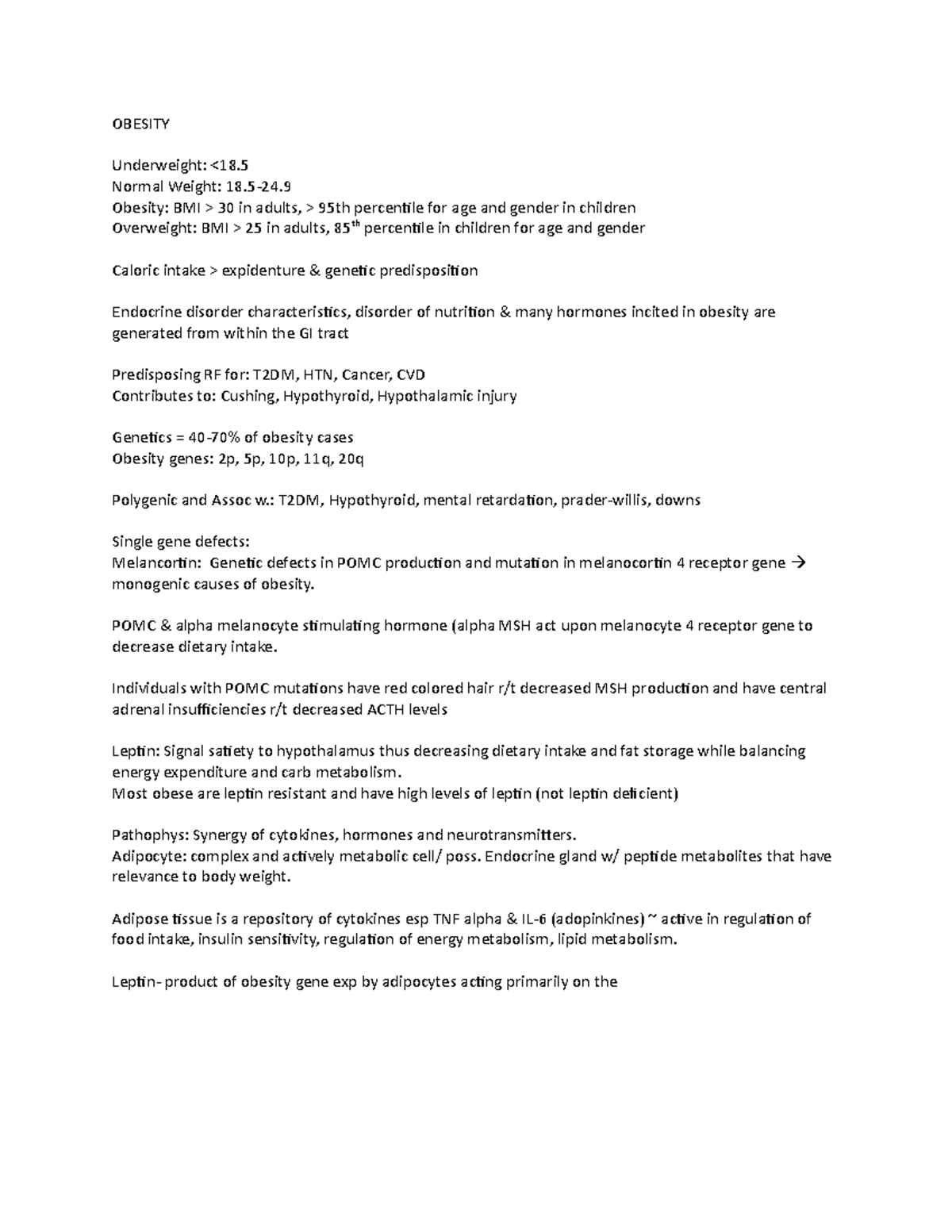 Obesity Notes for Test - OBESITY Underweight: 30 in adults, - Studocu
