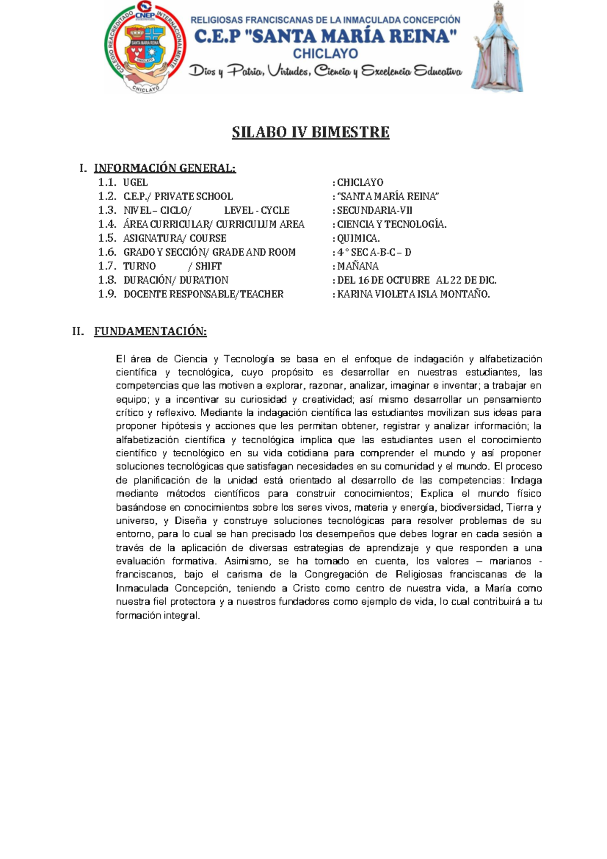 Silabo - SILABO IV BIMESTRE I. INFORMACIÓN GENERAL: 1. UGEL : CHICLAYO ...