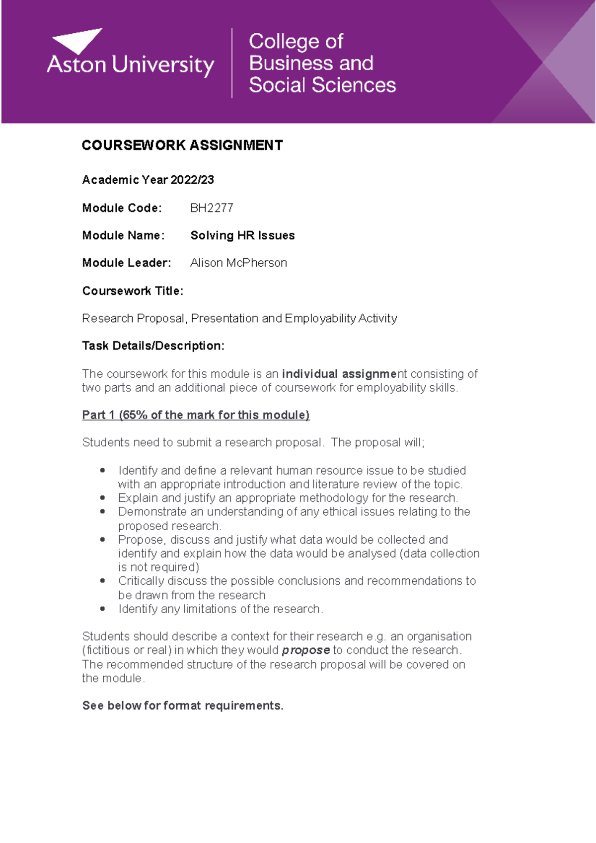 BH2277 Assessment Brief Brief 2023 (15) - Academic Year 2022/ Module Code: BH Module Name ...