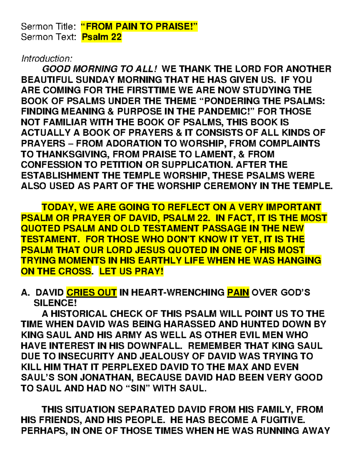 FROM PAIN TO Praise - to deepen understanding - Sermon Title: