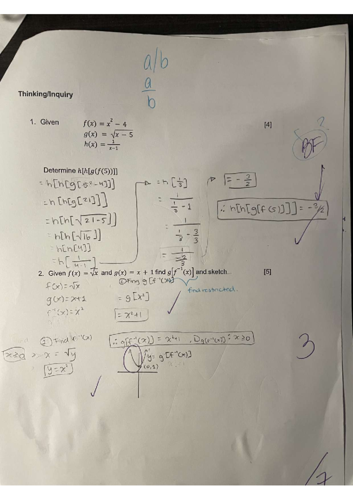 Advanced Funcitons TEST - a 1. Given f(x) x 4 2 g(x) h(x) BE Determine ...