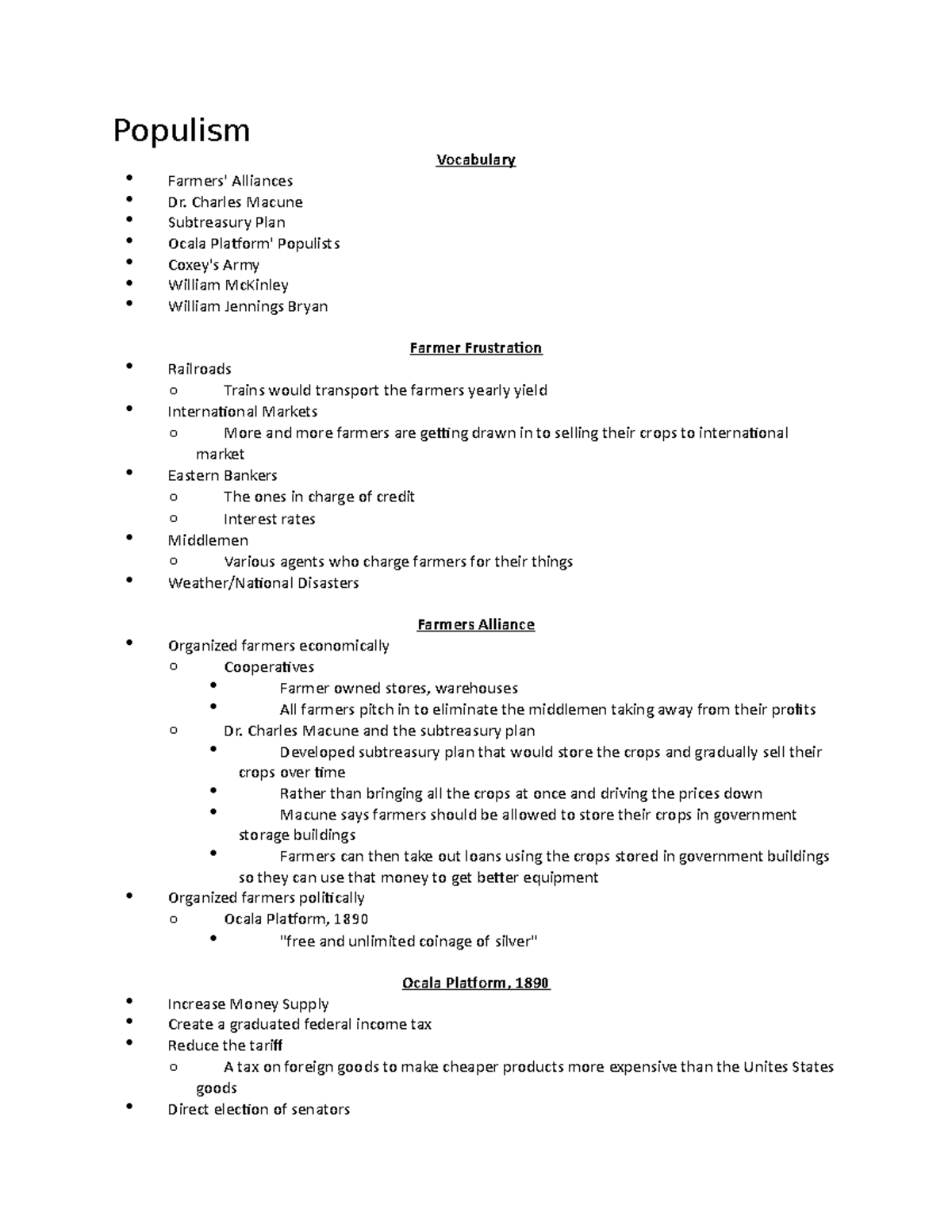 Populism - Lecture notes 6 - Populism Vocabulary Farmers' Alliances Dr ...