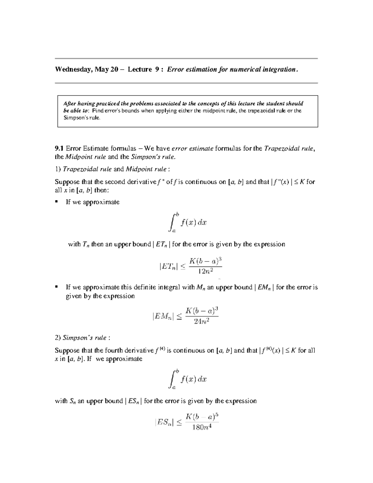 Lect118 9 s15 - Study reference - Wednesday, May 20 − Lecture 9 : Error ...