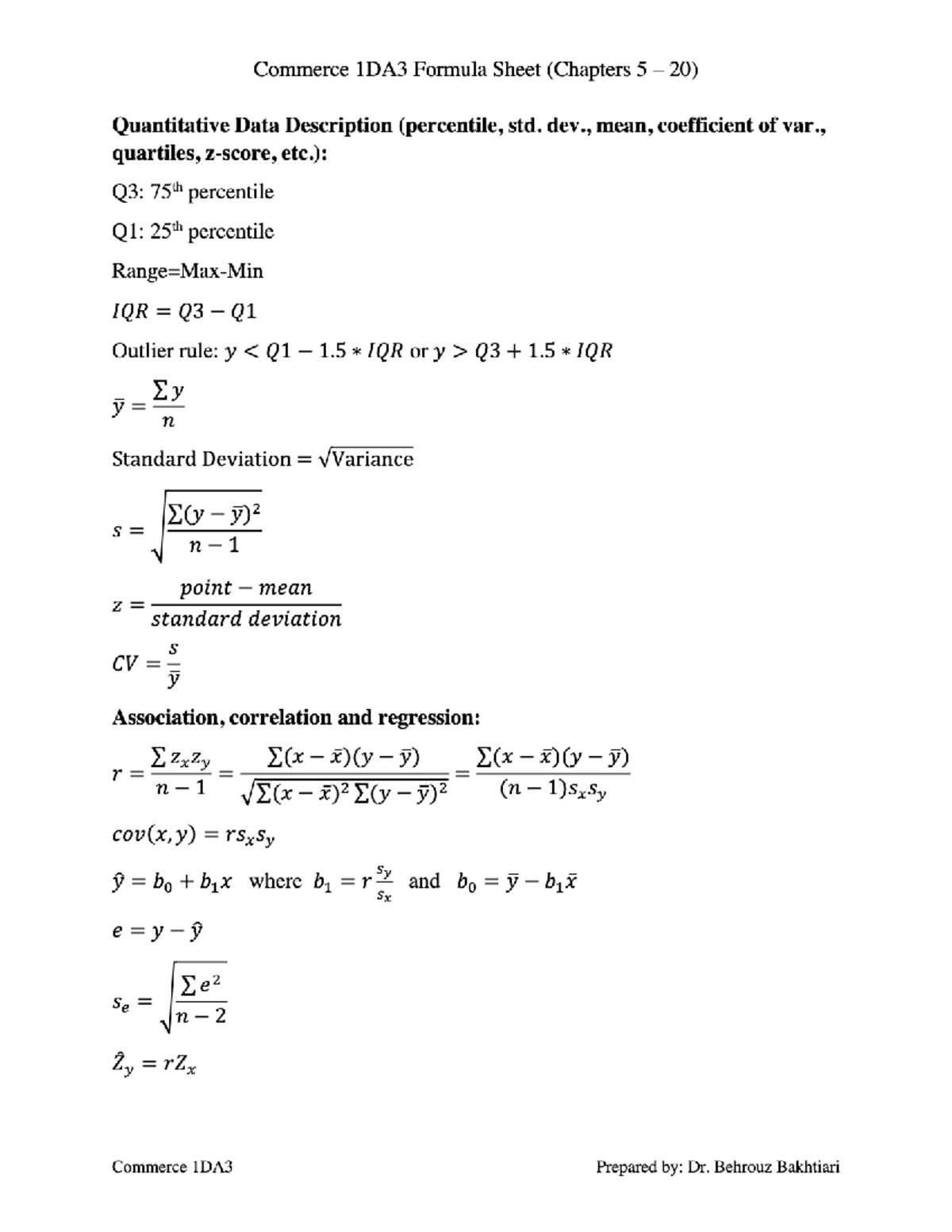 Formula Sheet Chapters 5 to 20 - Commerce 1DA3 Business Data Analytics ...