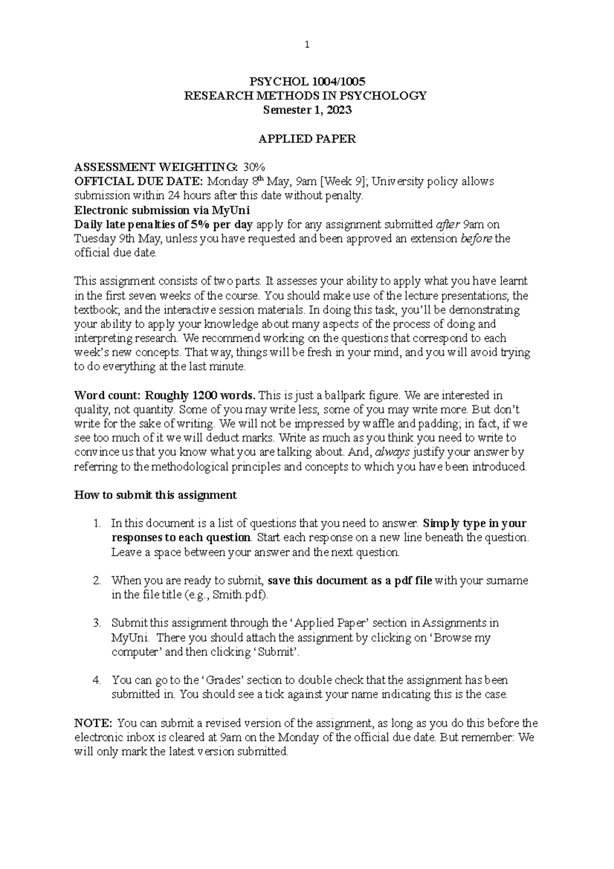 PSYCHOL1004 Applied Paper - PSYCHOL 1004/ RESEARCH METHODS IN ...