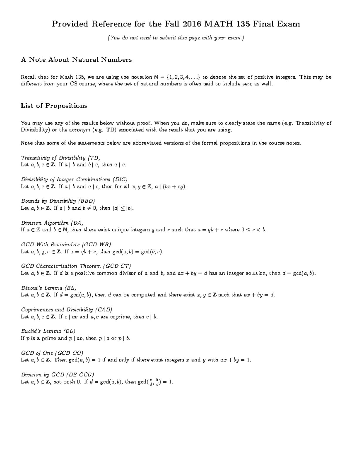 FINAL EXAM REFERENCE SHEET - Provided Reference for the Fall 2016 MATH ...