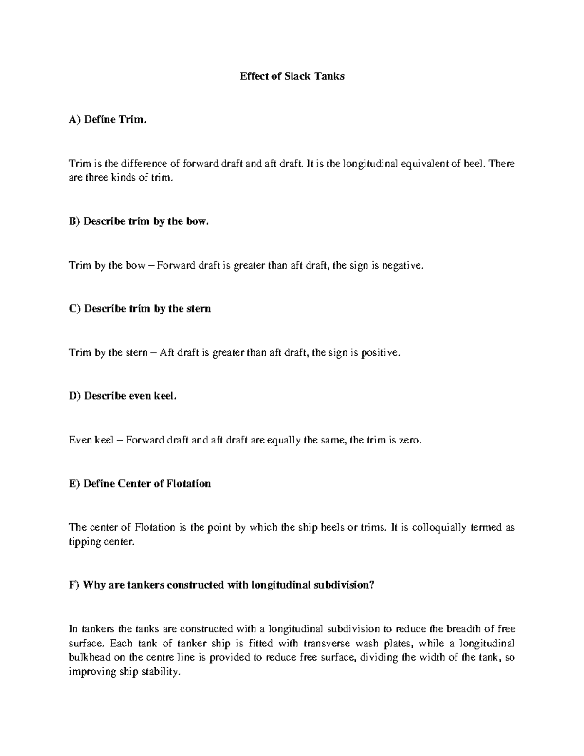 Effect of Slack Tanks - Trim is the difference of forward draft and aft ...