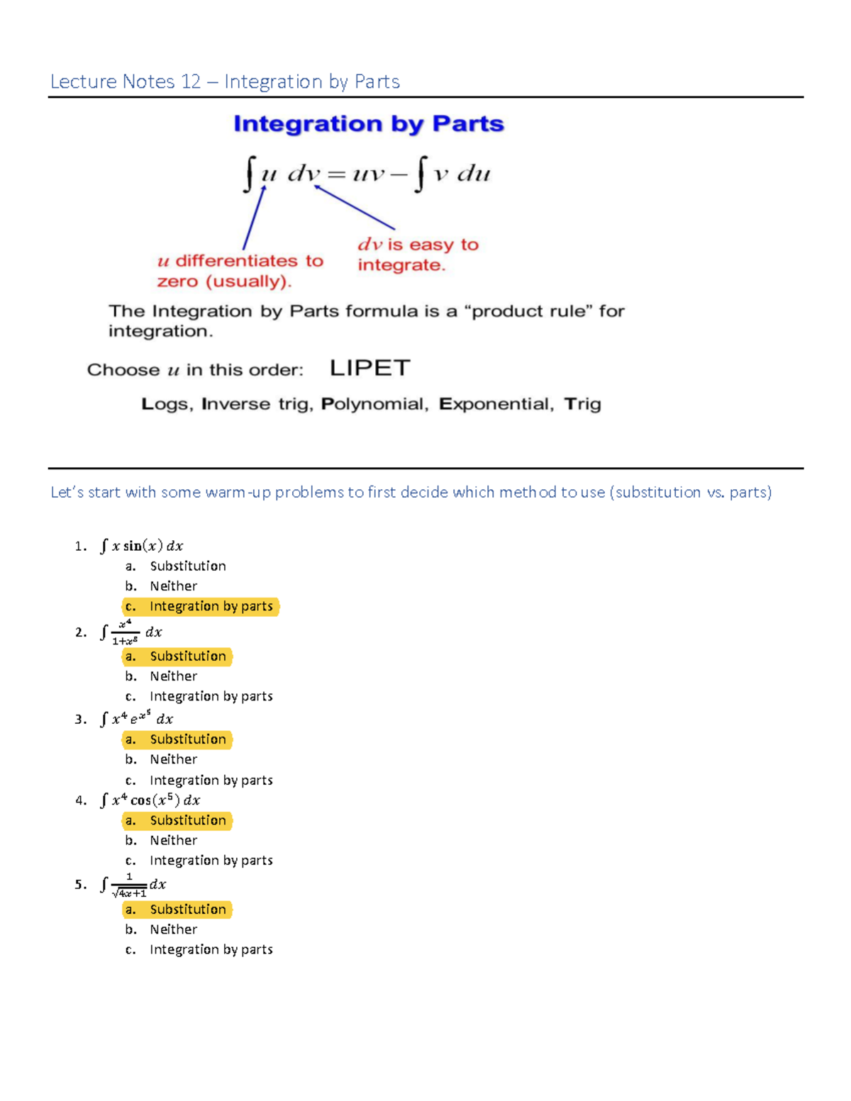 Lecture Notes 12 Integration By Parts Lecture Notes 12 Integration