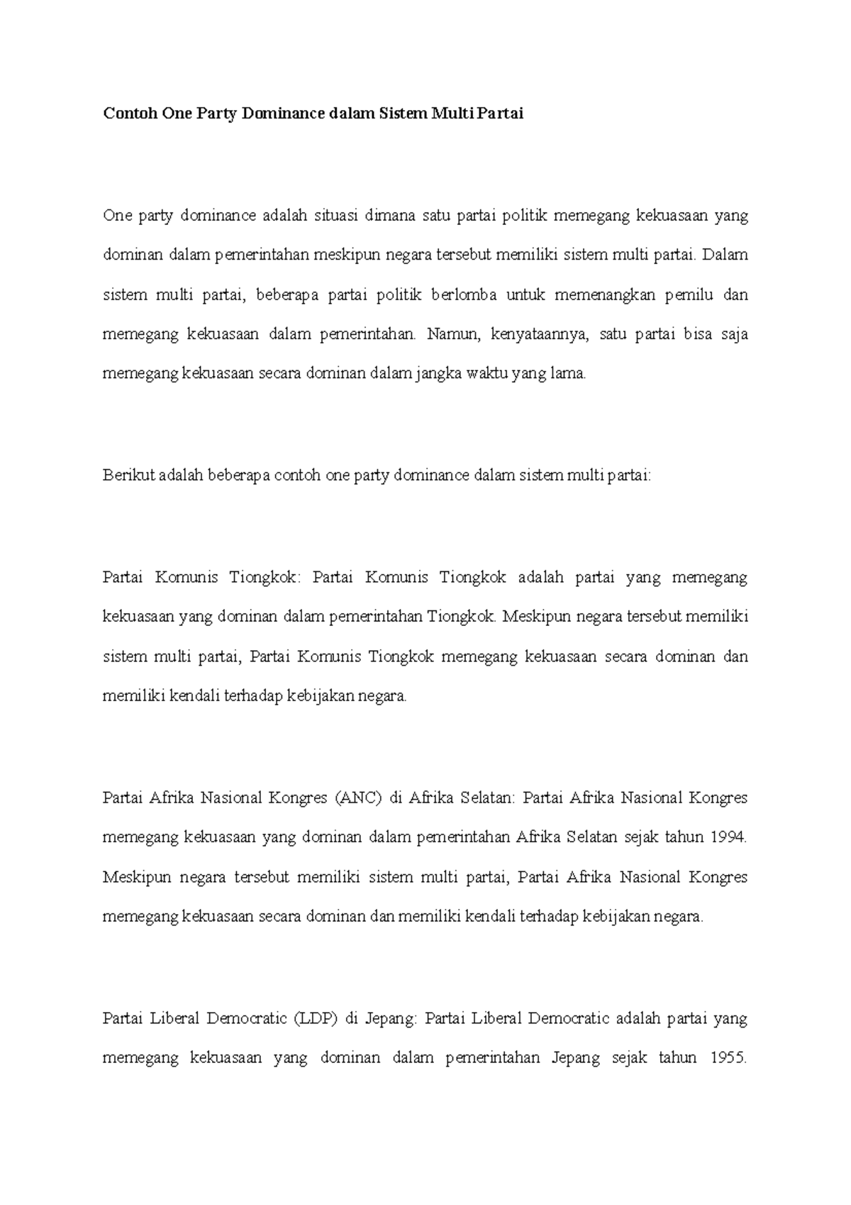 Contoh One Party Dominance dalam Sistem Multi Partai - Dalam sistem ...