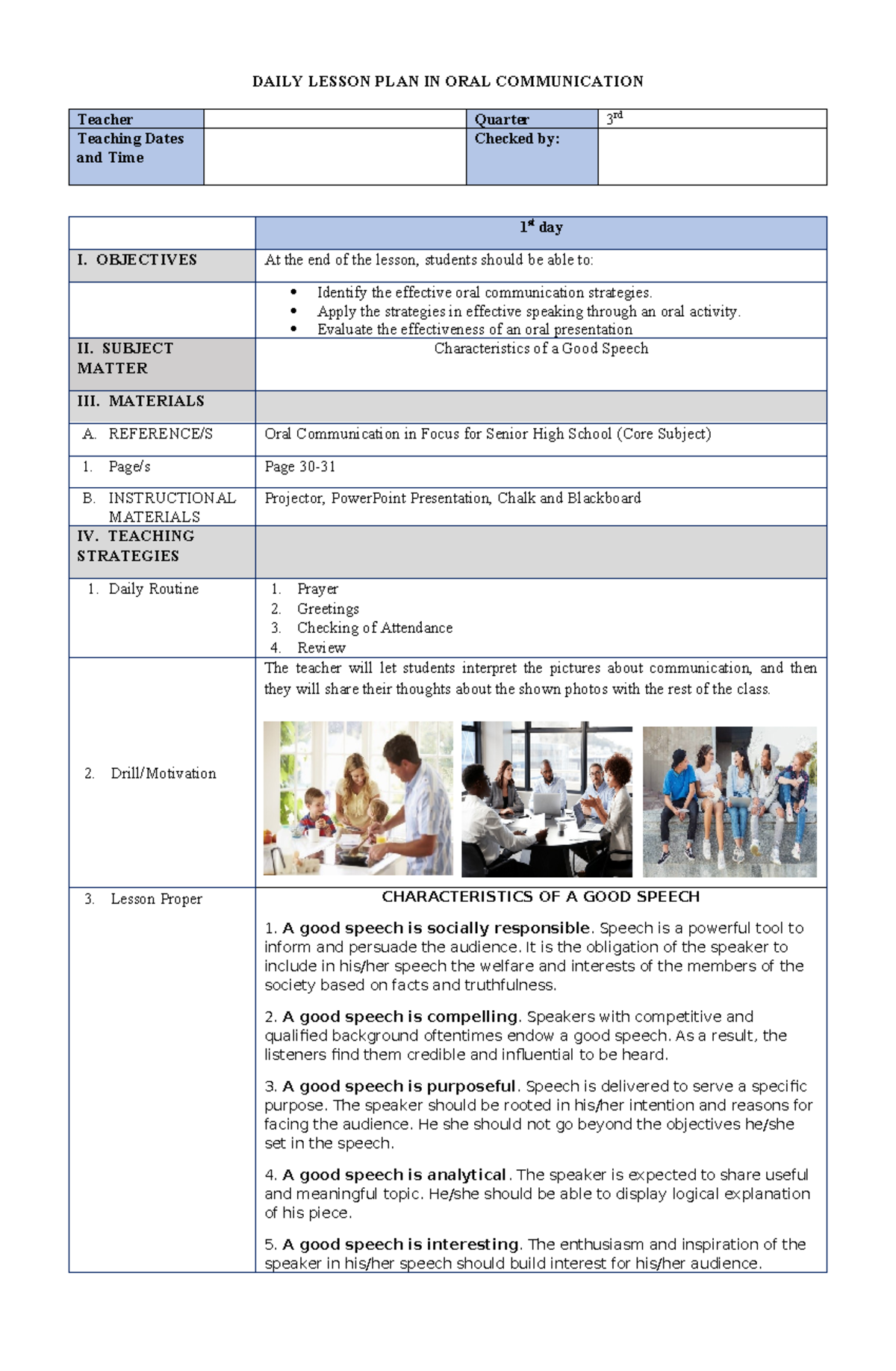 W5 LP (ORAL COM 1st day) - Sample Lesson Plan, Oral Com - DAILY LESSON ...