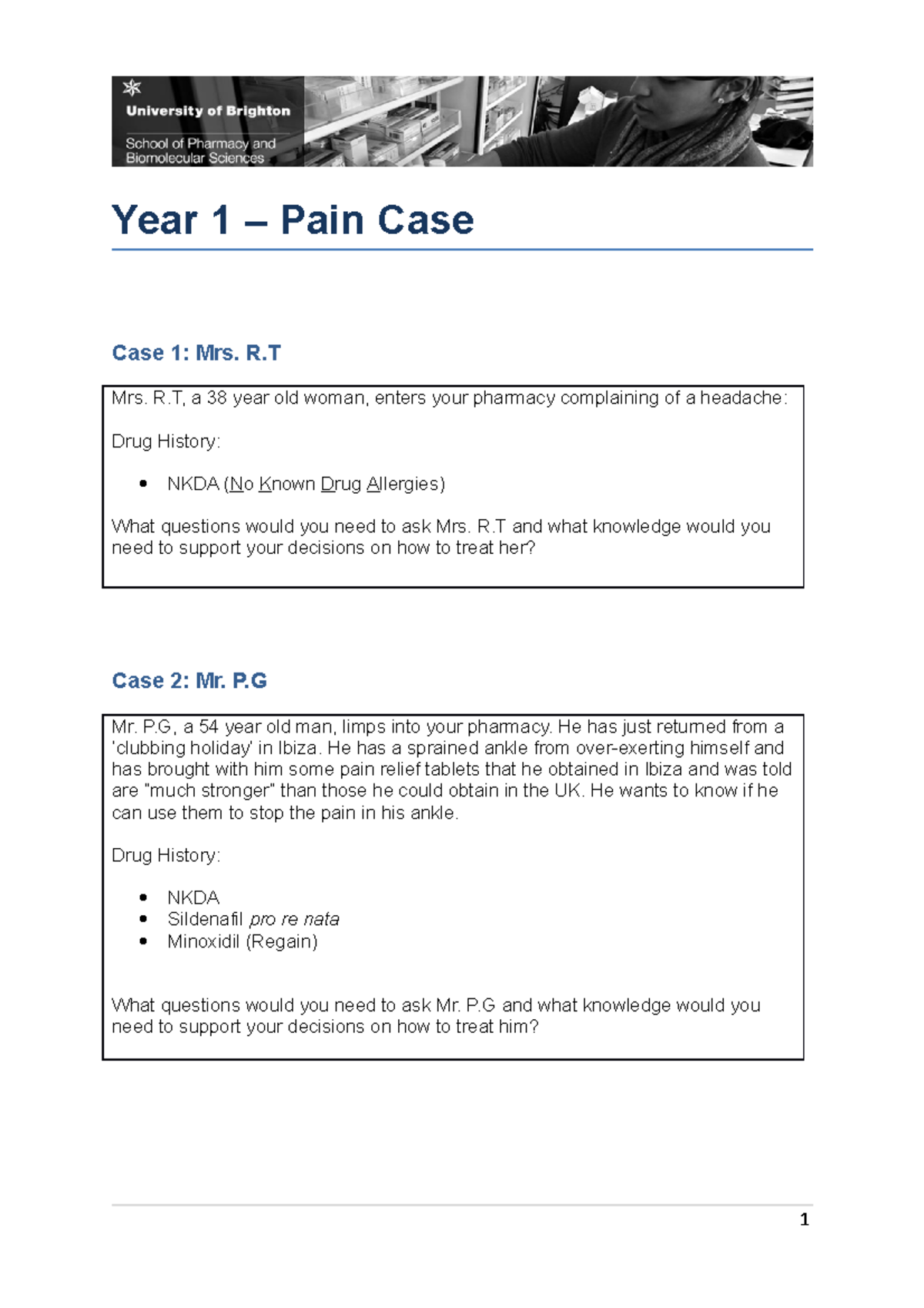 Pain Case Handbook 2019-20 - Year 1 – Pain Case Case 1: Mrs. R Mrs. R ...