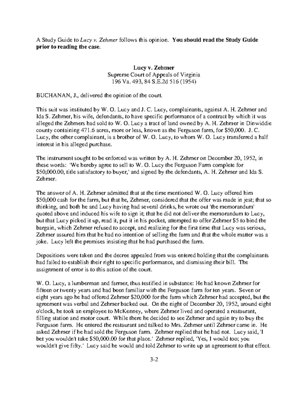 Lucy v. Zehmer - Anderson Fall 2022 - A Study Guide to Lucy v. Zehmer ...
