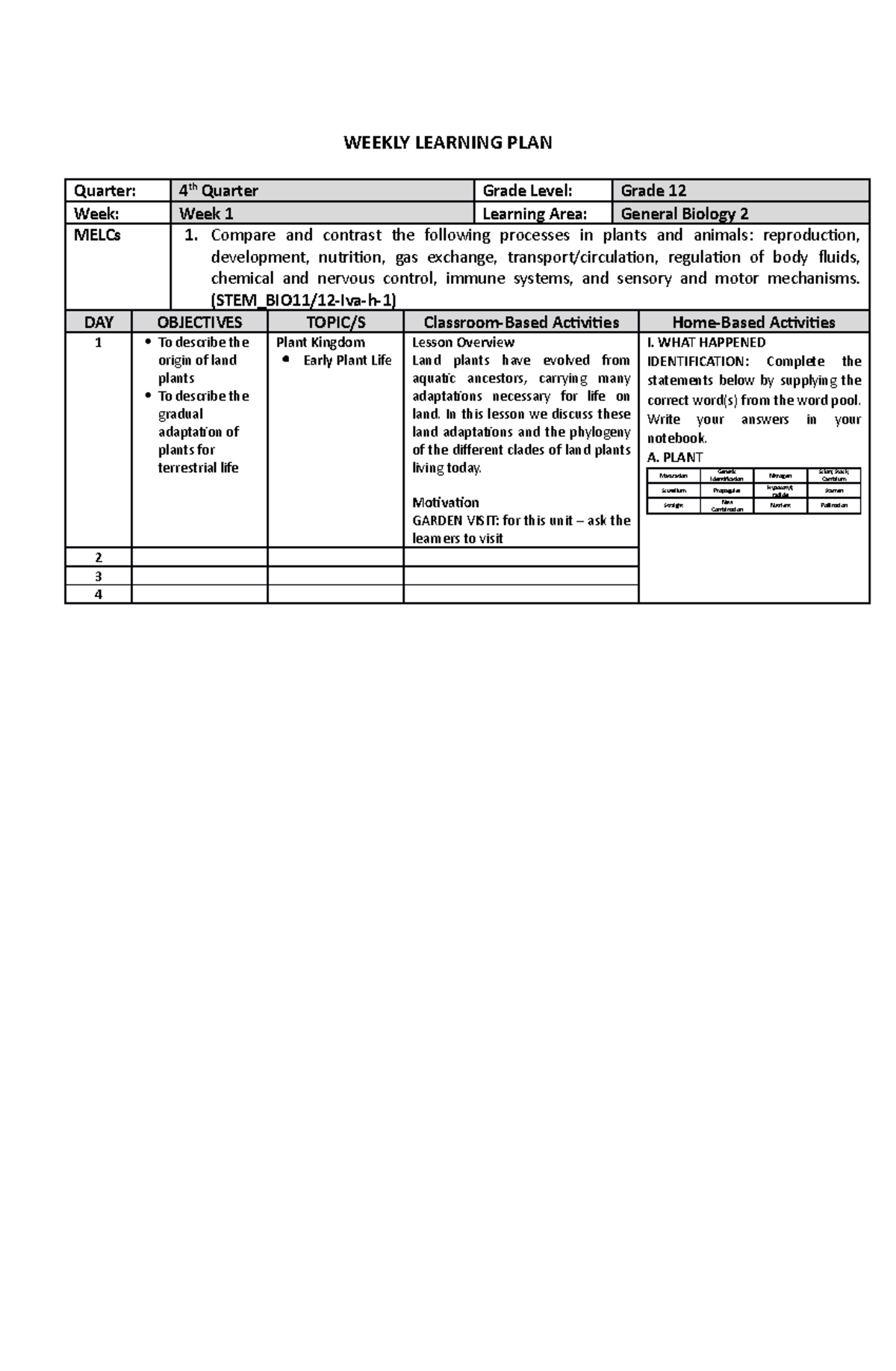 WLP-Template - template for WLP - WEEKLY LEARNING PLAN Quarter: 4 th Quarter Grade Level: Grade ...