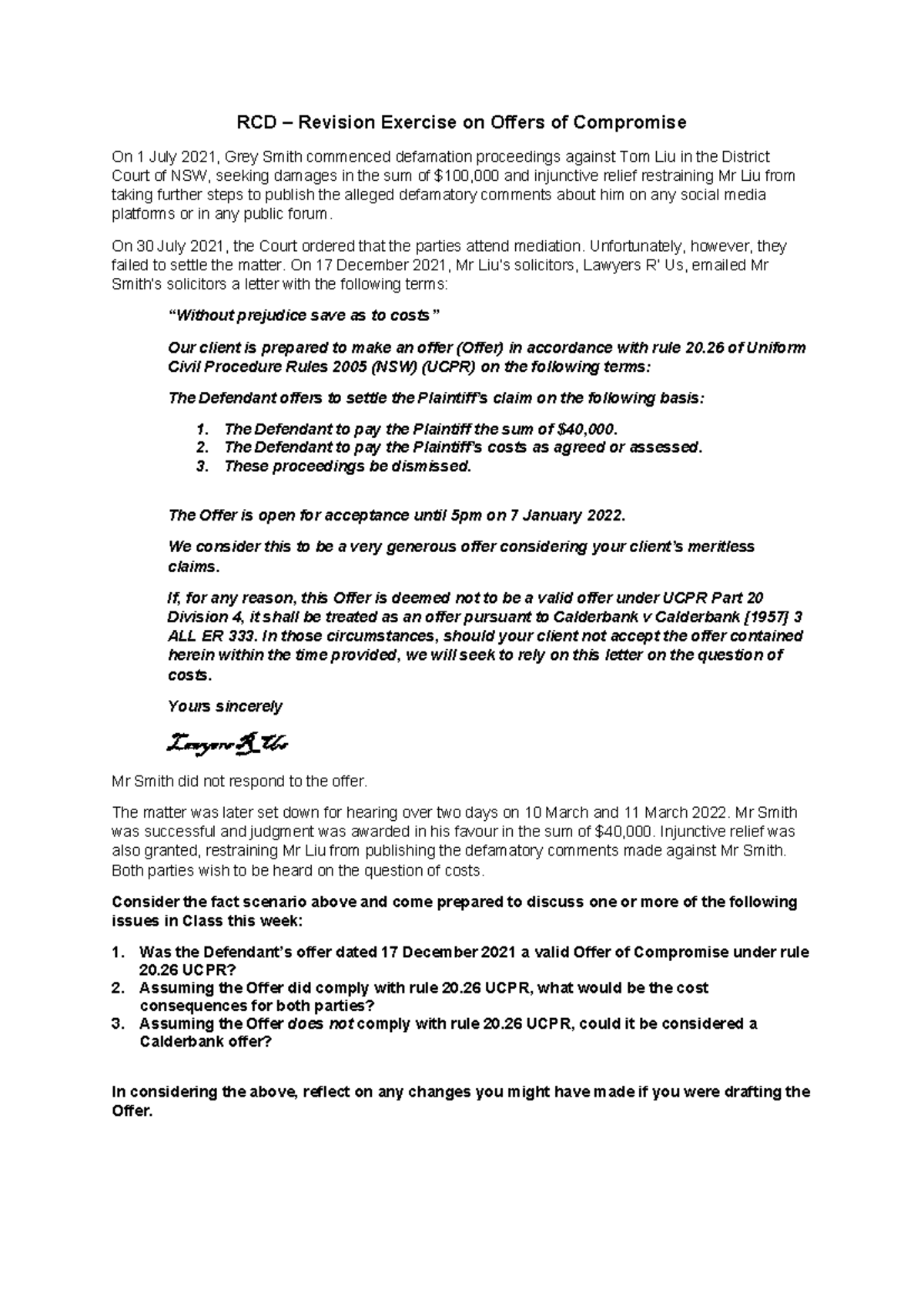 RCD - Revision Exercise on Offers of Compromise - On 30 July 2021, the ...