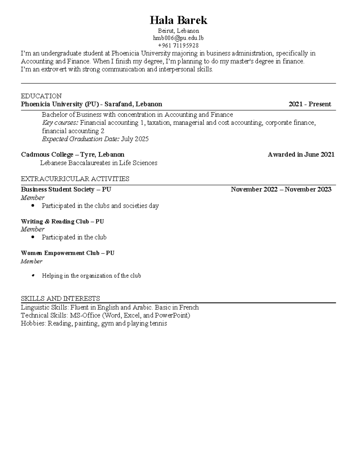 Sample Resume - Yes - Hala Barek Beirut, Lebanon hmb006@pu.edu +961 ...