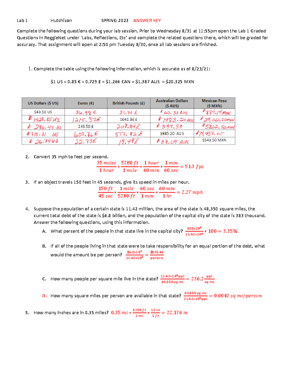 Lab 1 Answers - mat 113 - Lab 1 Hutchison SPRING 2023 ANSWER KEY Complete the following ...