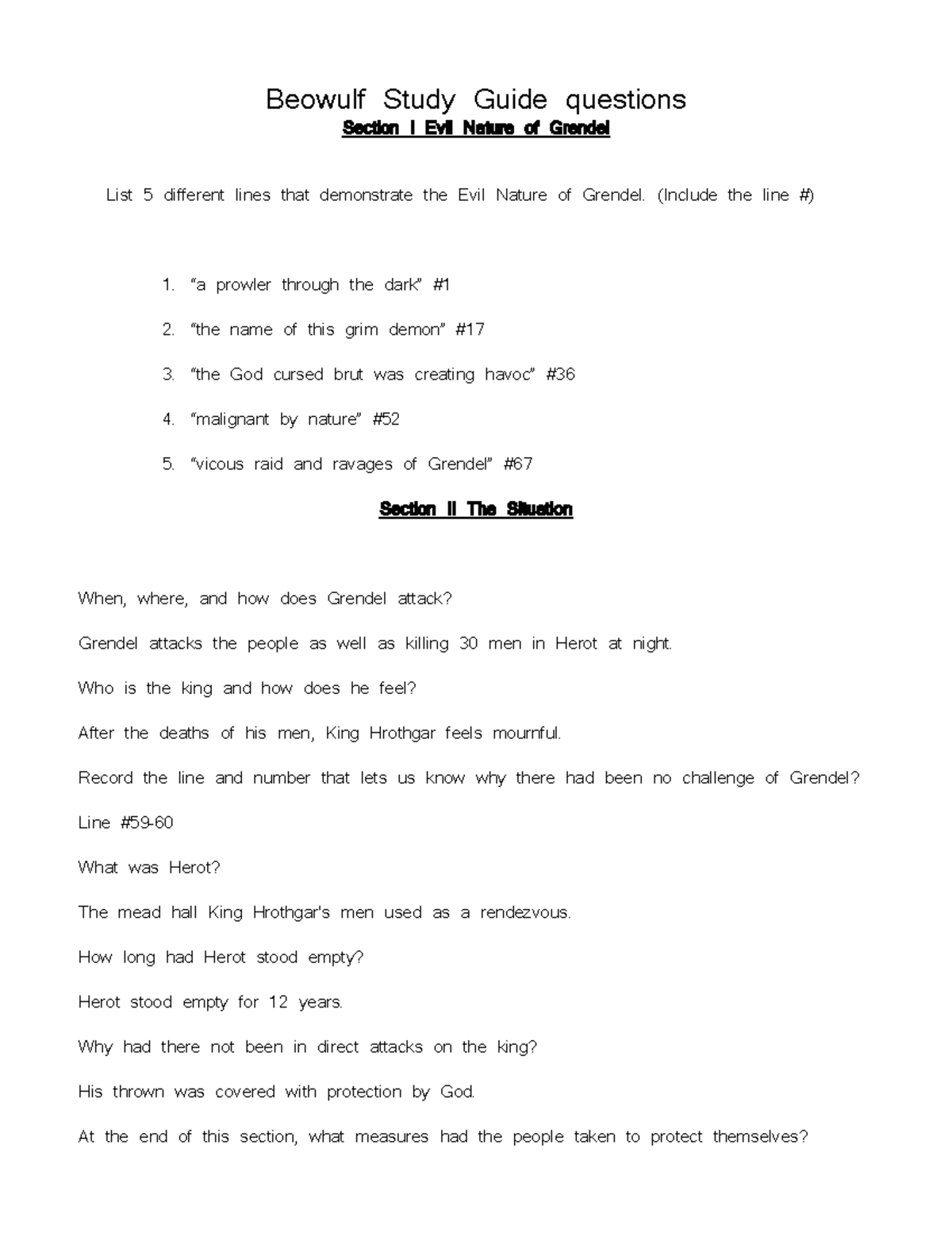 Beowulf Study Guide questions - Beowulf Study Guide questions Section I ...