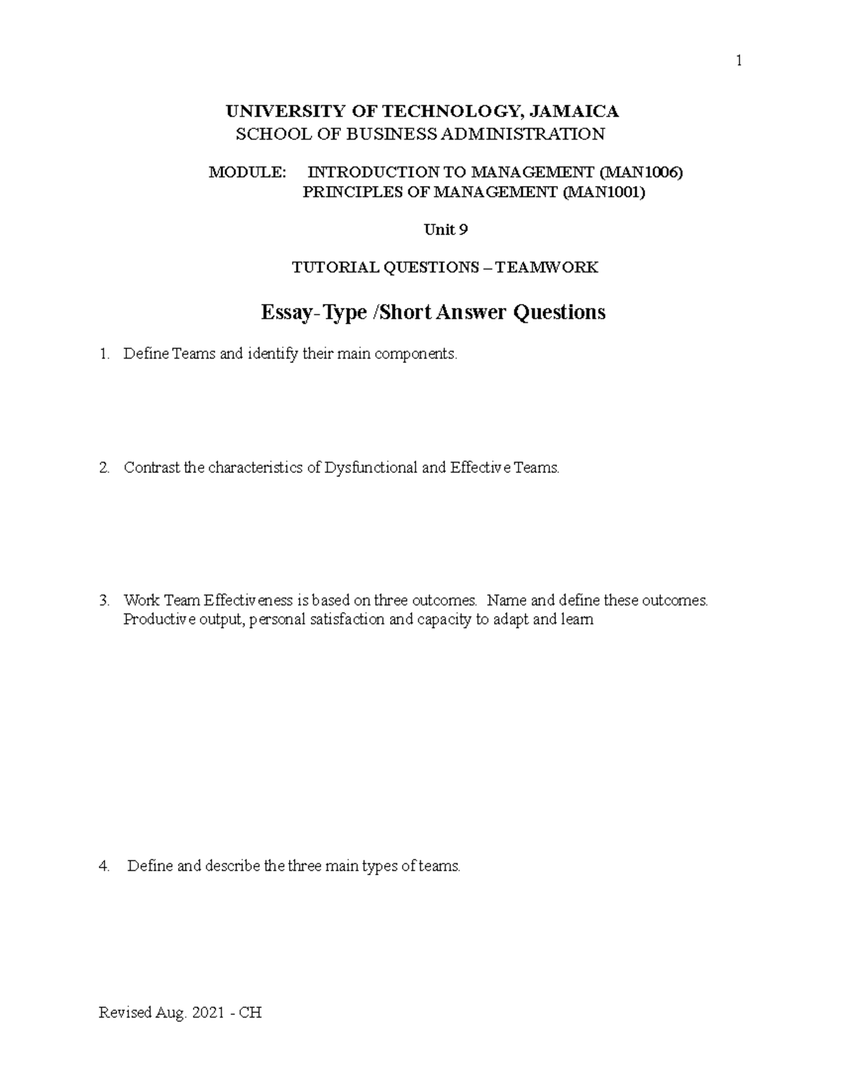 ITM UNIT 9 Tutorial Sheet - UNIVERSITY OF TECHNOLOGY, JAMAICA SCHOOL OF ...