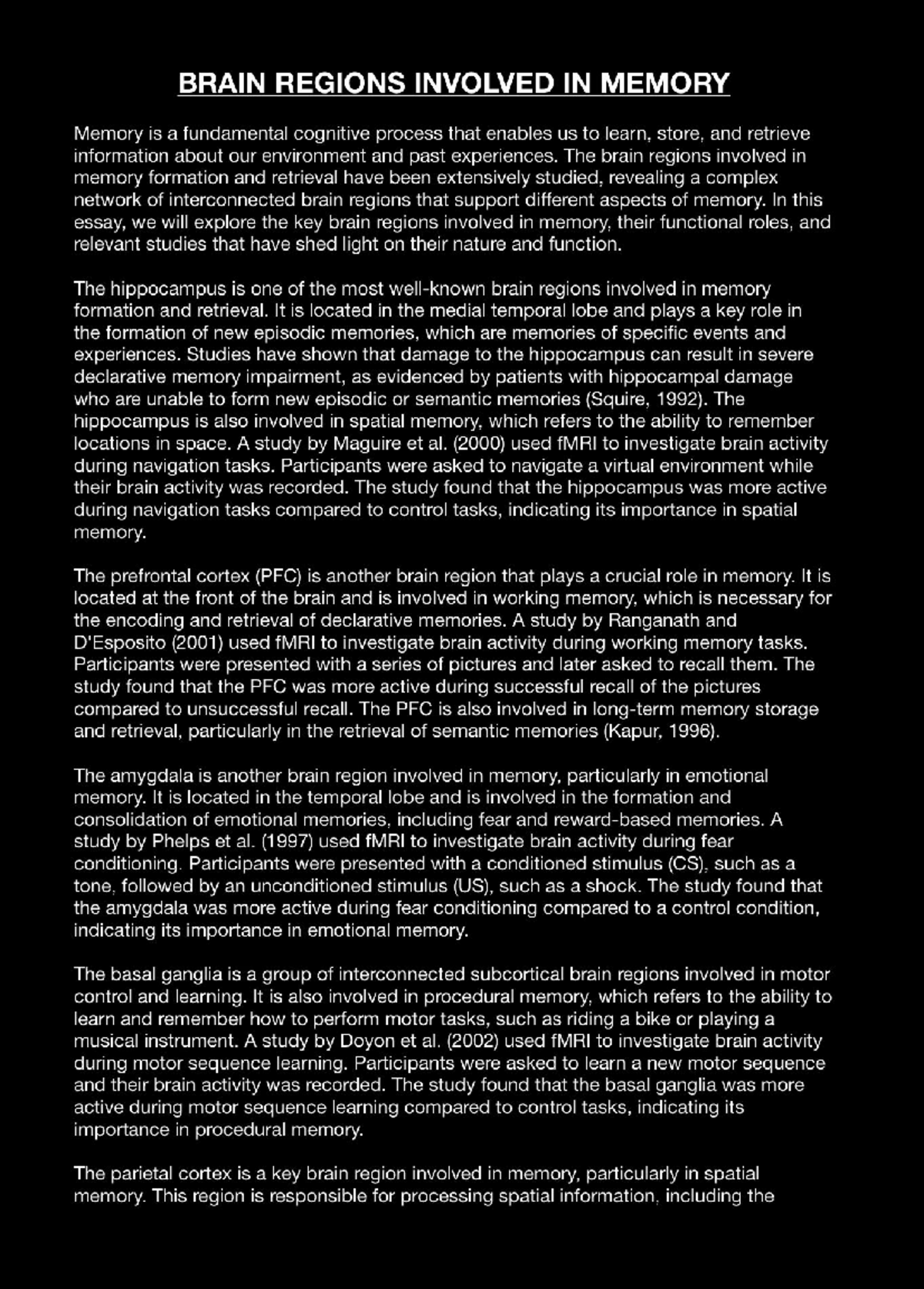 Brain Regions Involved in Memory- An Essay - 8638 - Studocu