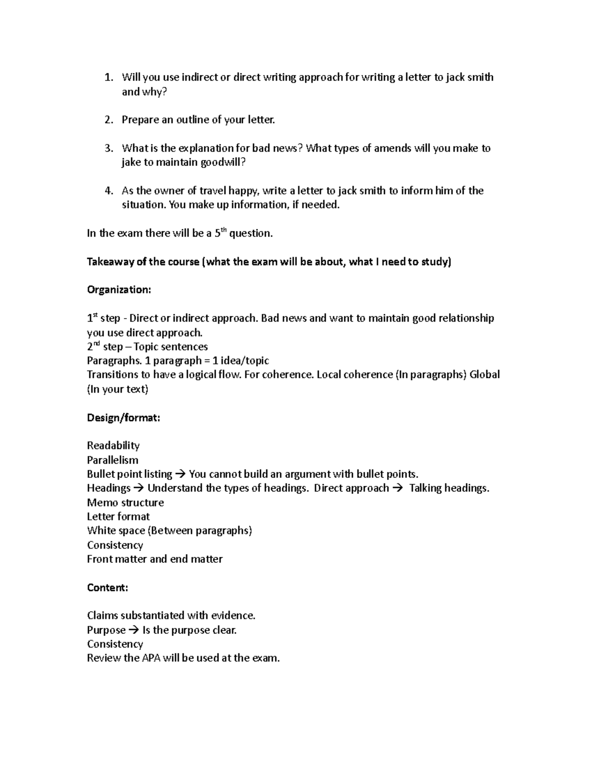 Exam review 205 - Will you use indirect or direct writing approach for ...