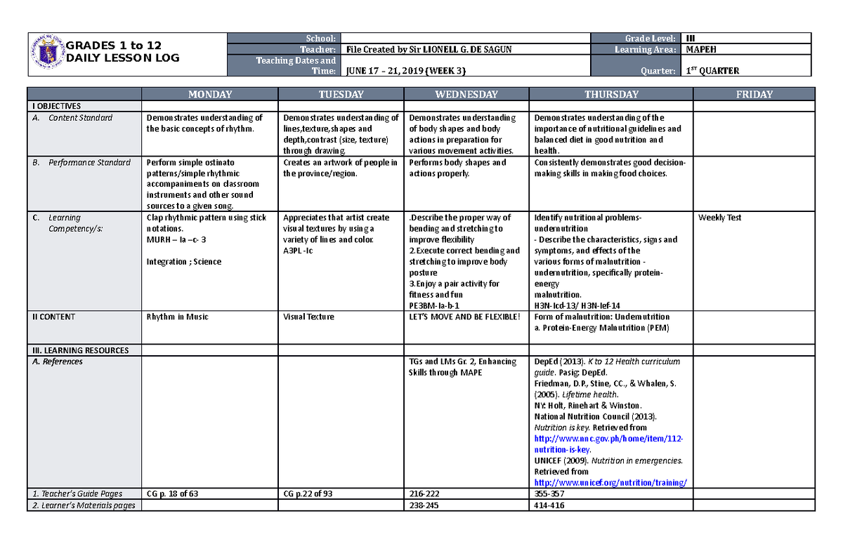 DLL Mapeh 3 Q1 W3 - sfdfgdfg - GRADES 1 to 12 DAILY LESSON LOG School ...
