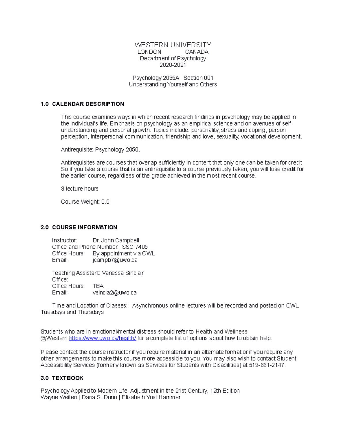 2035A-001 Course outline - WESTERN UNIVERSITY LONDON CANADA Department ...