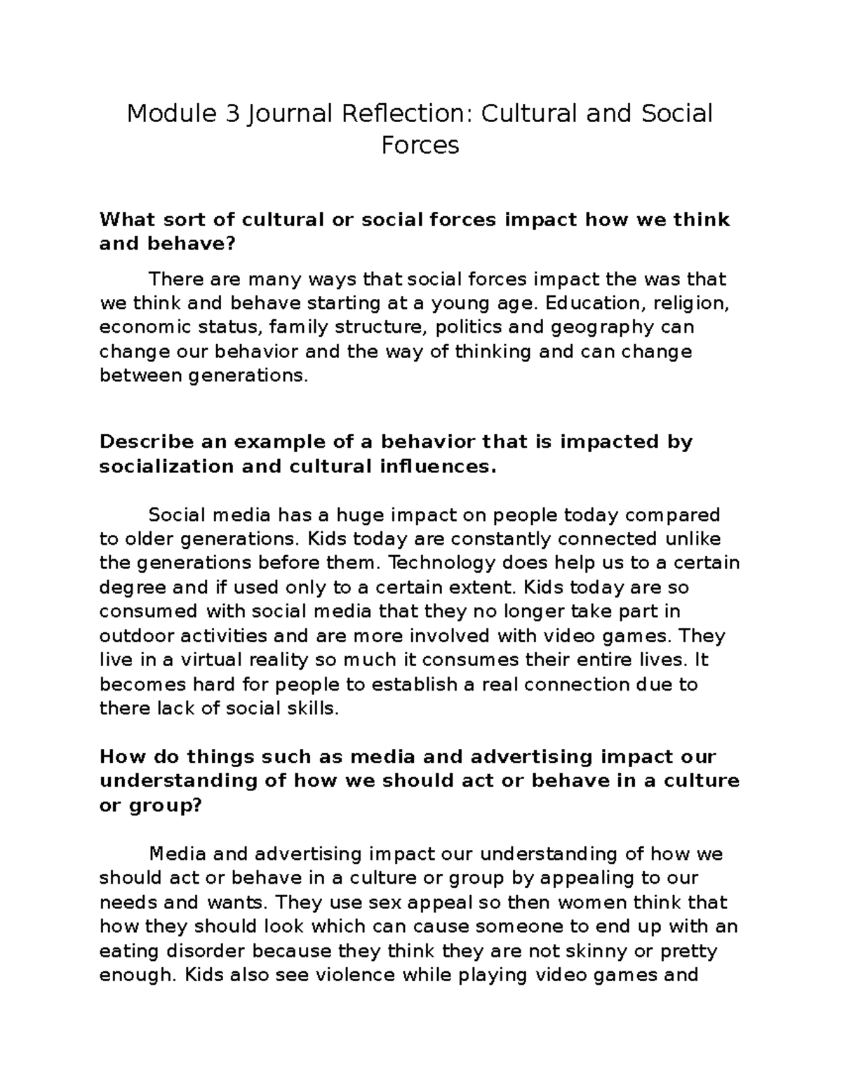 Module 3 Journal Reflection - Module 3 Journal Relection: Cultural and ...