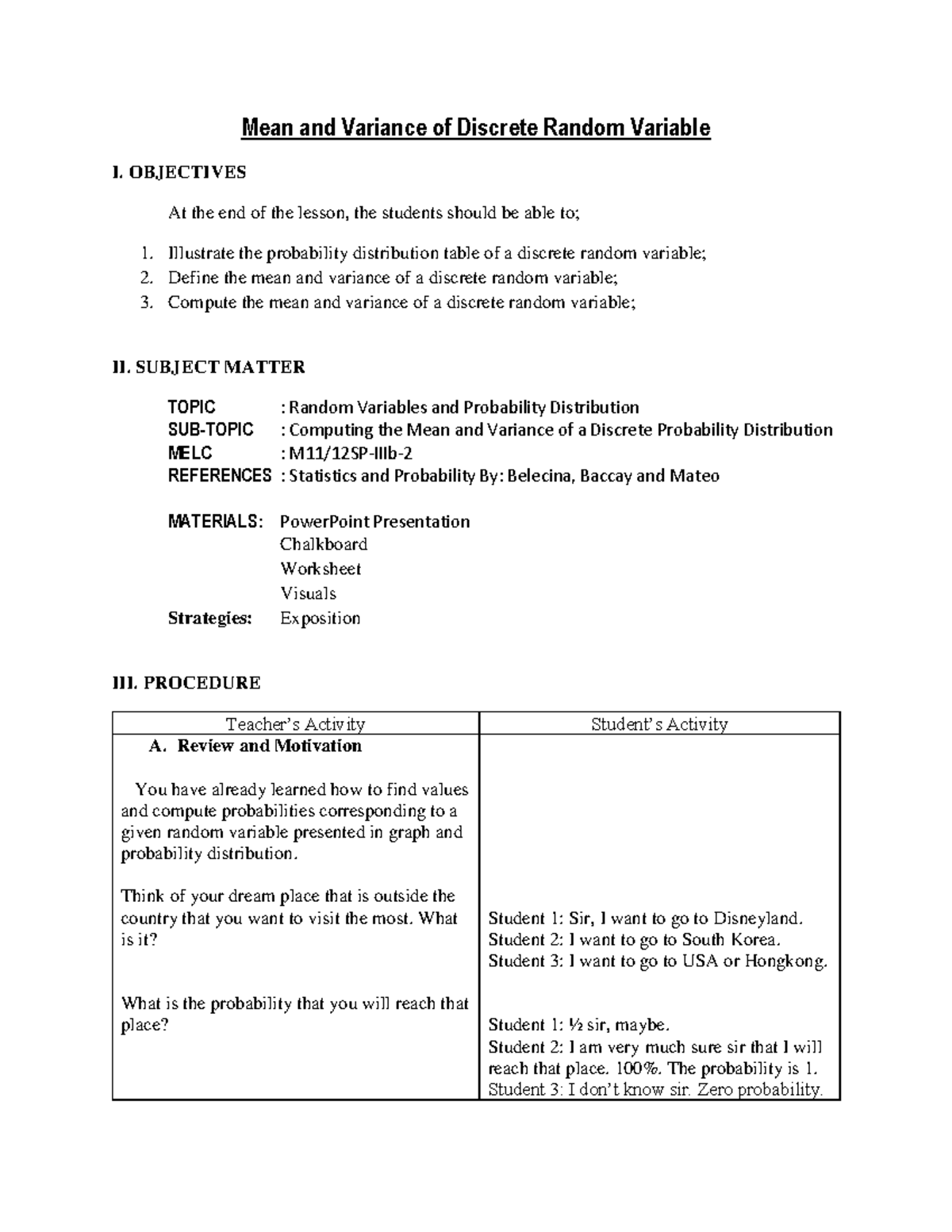 Semi Detailed Lesson John Villaflor - Mean and Variance of Discrete ...