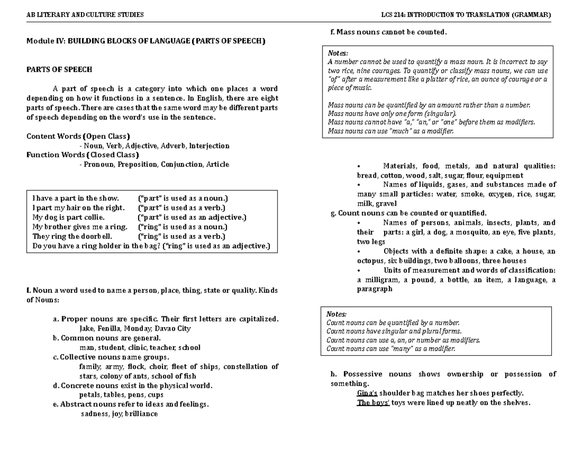 Intro to Translation M4 Parts Of Speech - Module IV: BUILDING BLOCKS OF ...