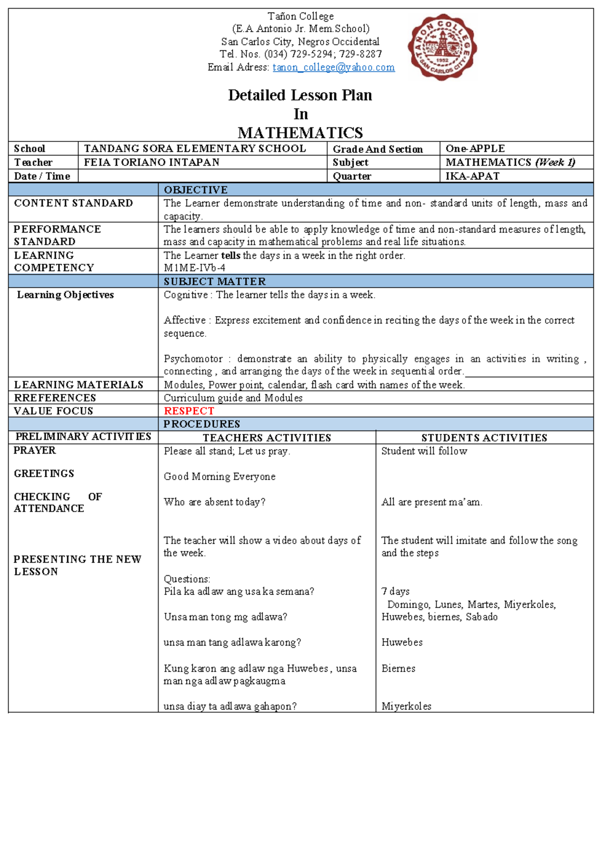Grade 1- Lesson Plan - Tañon College (E Antonio Jr. Mem) San Carlos ...